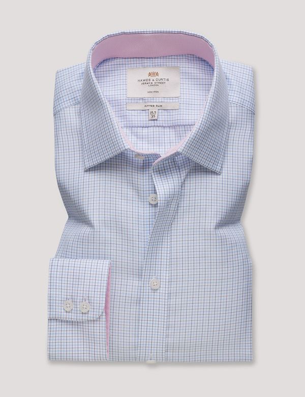Men's Non-Iron Navy & Blue Multi Check Fitted Slim Fit Shirt - Contrast Detail | Hawes & Curtis