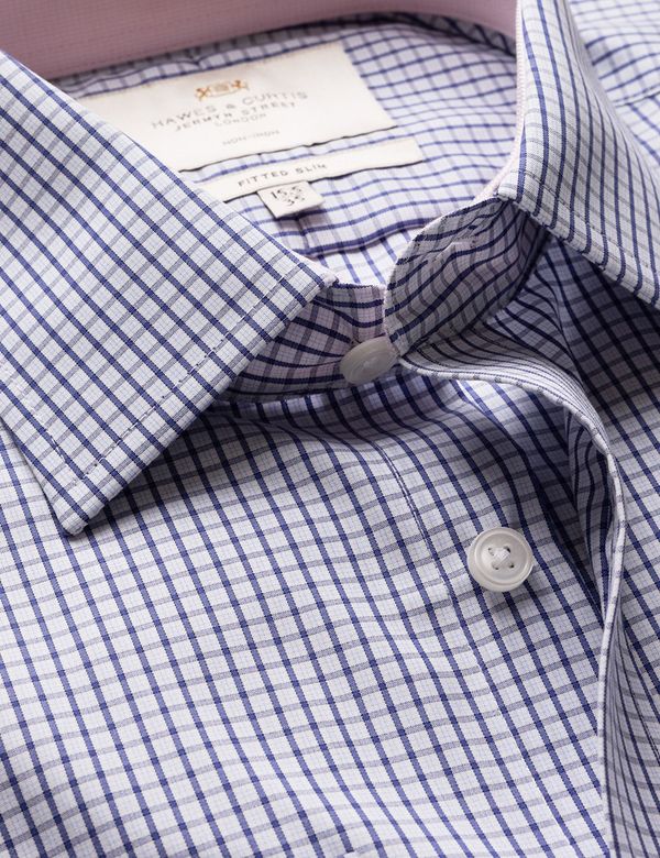 Men's Fitted Slim Navy & Blue Small Check Non-Iron Shirt - Contrast ...