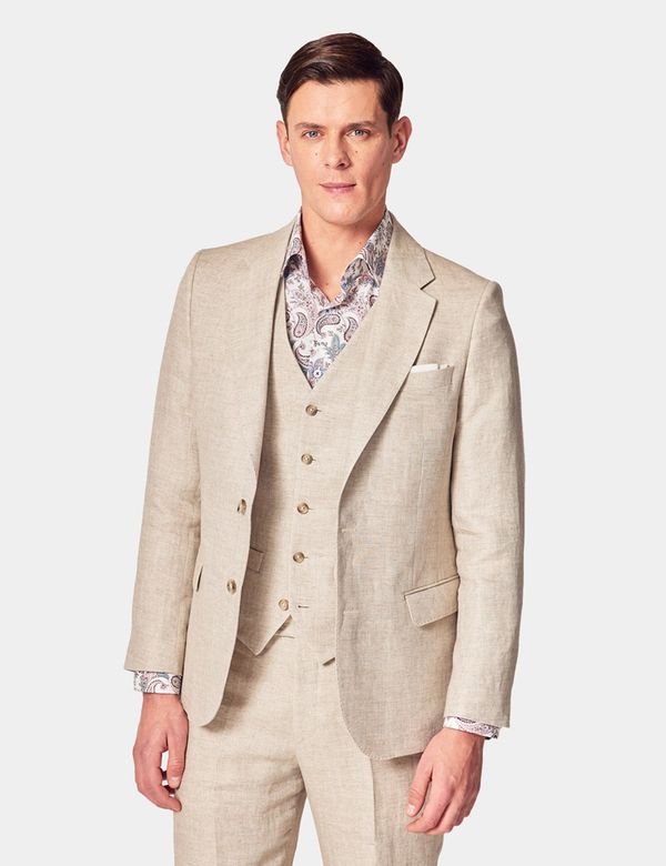 Men's Natural Herringbone 3 Piece Linen Tailored Fit Italian Suit ...