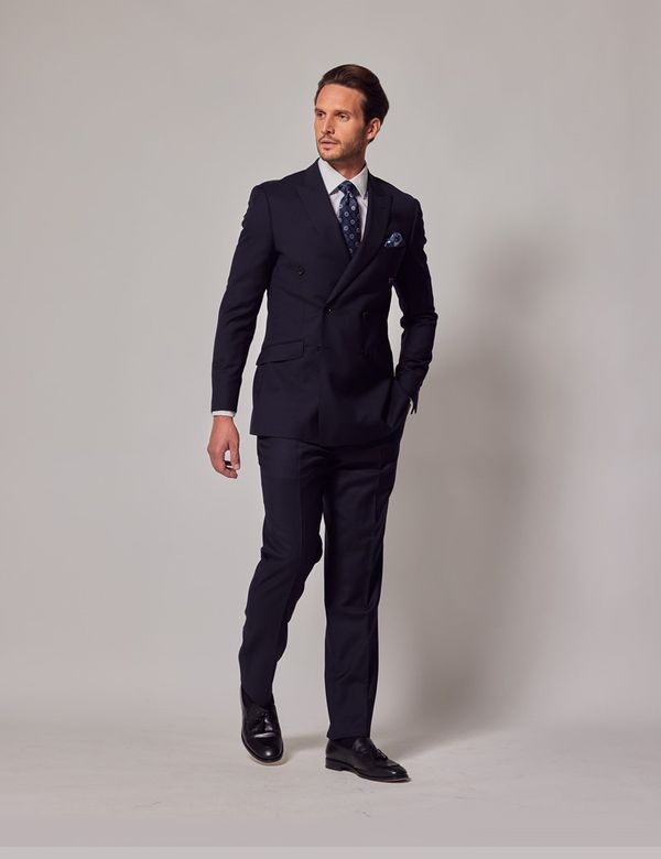 Men's Navy Twill Wool Double Breasted Slim Fit Suit | Hawes & Curtis