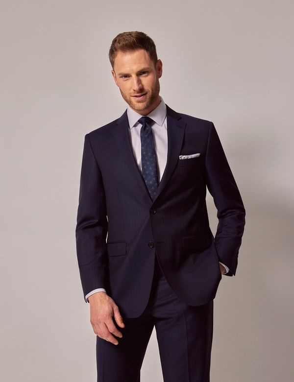 Men's Navy Herringbone Wool Classic Fit Suit| Hawes and Curtis