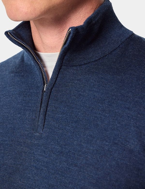 Men's Blue Half Zip Sweater - Machine Washable | Hawes & Curtis