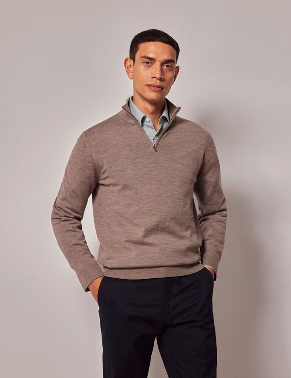 Men's Neutral Half Zip Merino Jumper - Machine Washable | Hawes & Curtis
