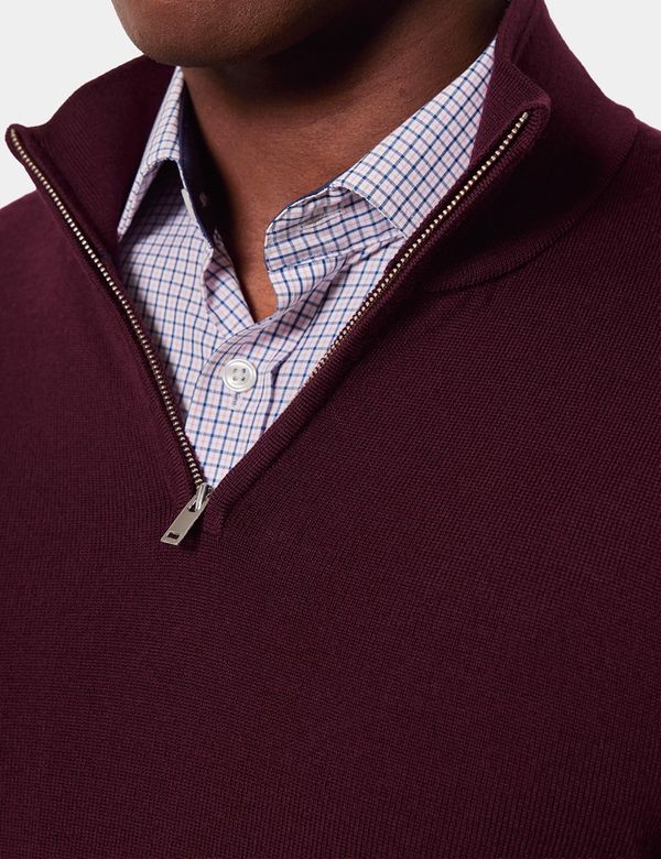 Men's Claret Half Zip Merino Jumper - Machine Washable | Hawes & Curtis
