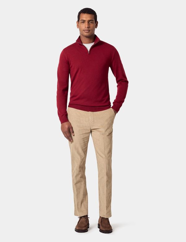 Men's Dark Red Half Zip Sweater - Machine Washable | Hawes & Curtis
