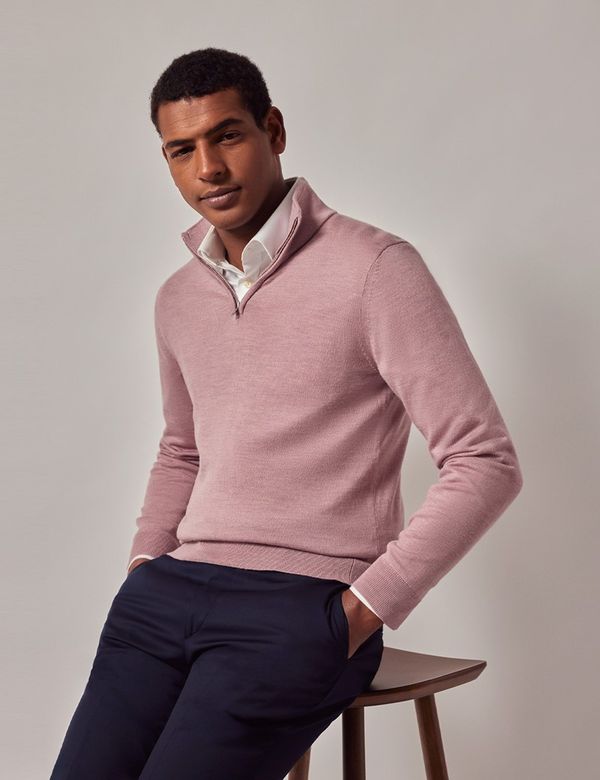 Men's Dusky Pink Half Zip Merino Sweater - Machine Washable | Hawes ...