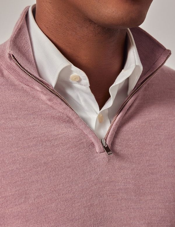 Men's Dusky Pink Half Zip Merino Jumper - Machine Washable | Hawes & Curtis
