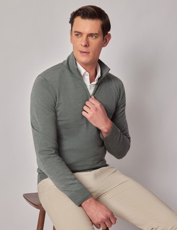 Men's Dark Sage Half Zip Merino Jumper - Machine Washable | Hawes & Curtis