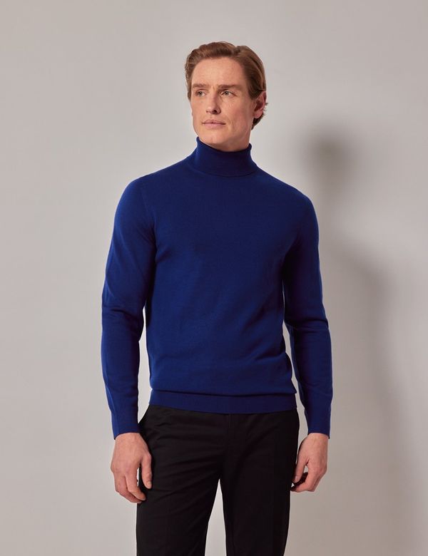 Men's Royal Blue Roll Neck Merino Jumper - Machine Washable | Hawes ...