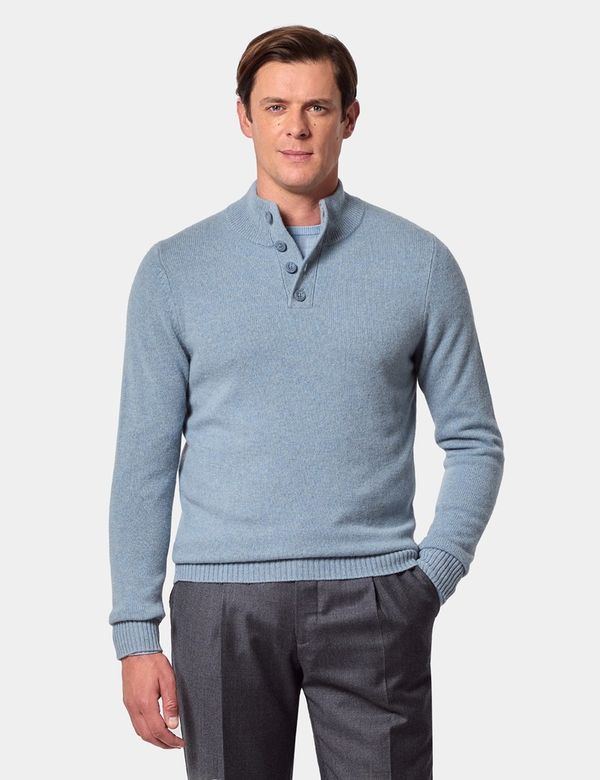 Men's Blue Pure Lambswool Button Neck Jumper | Hawes & Curtis