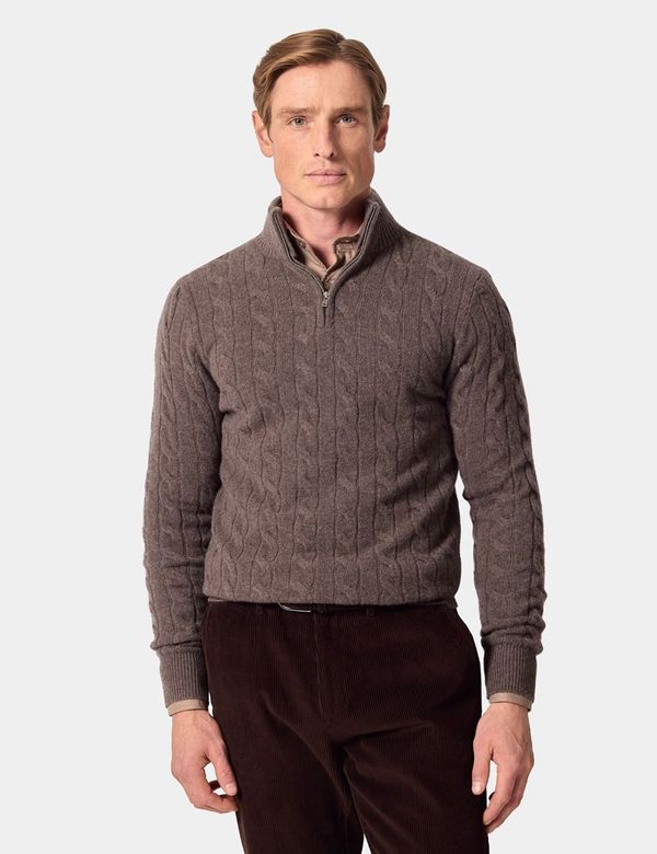 Men's Brown Half Zip Cable Knitted Jumper | Hawes & Curtis