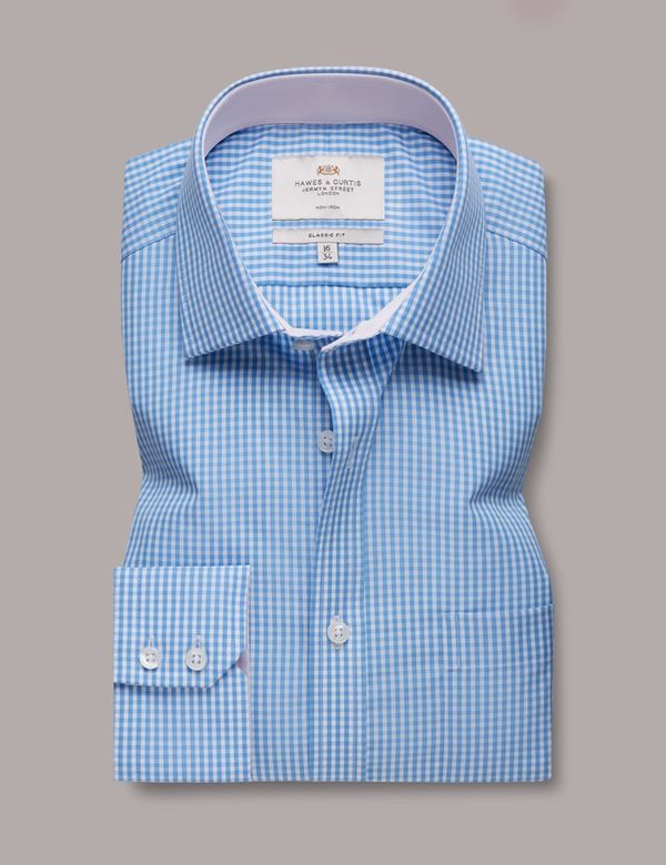 Men's Non-Iron Blue & White Gingham Check Classic Fit Shirt | Hawes & Curtis