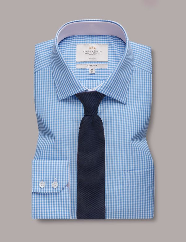 Men's Non-Iron Blue & White Gingham Check Classic Fit Shirt | Hawes & Curtis