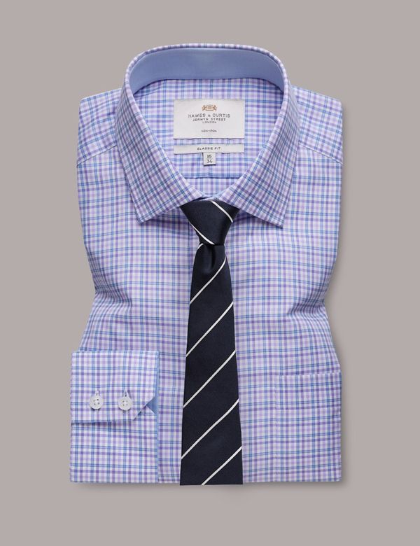 Men's Non-Iron Purple & Blue Check Classic Fit Shirt - Contrast Detail ...