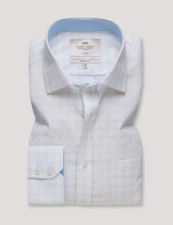 Men's Non-Iron Blue & Yellow Multi Check Classic Fit Shirt - Contrast Detail & Breast Pocket ...