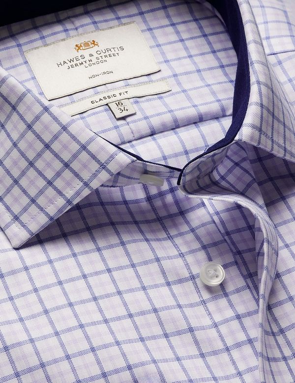 Men's Classic Fit Blue & Lilac Check Non-Iron Shirt - Contrast Detail ...