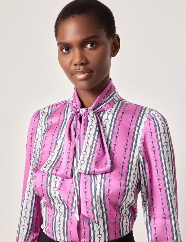 Women's Pink & White Chain Stripe Satin Pussybow Blouse | Hawes & Curtis