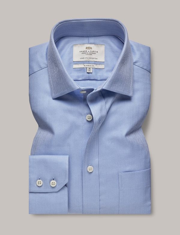 Men's Blue Herringbone Classic Shirt - Breast Pocket