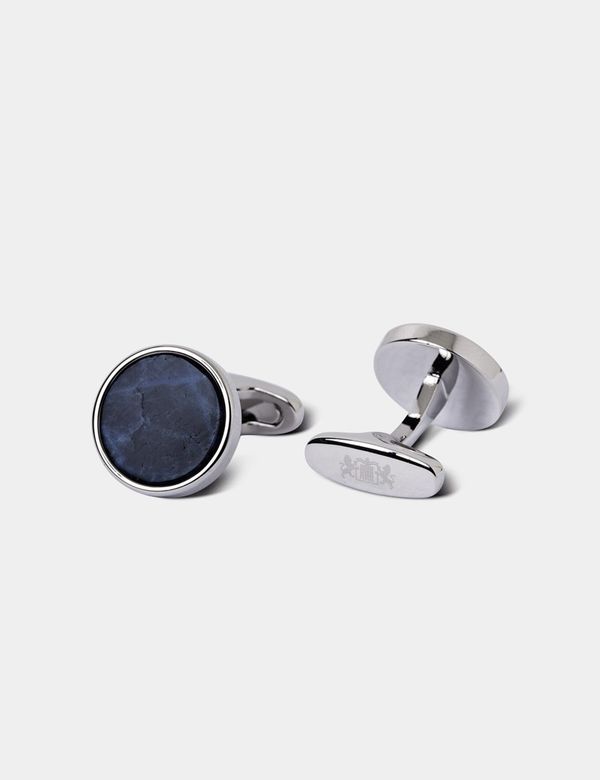 Men's Silver Round Cufflinks - Sodalite Detail | Hawes & Curtis