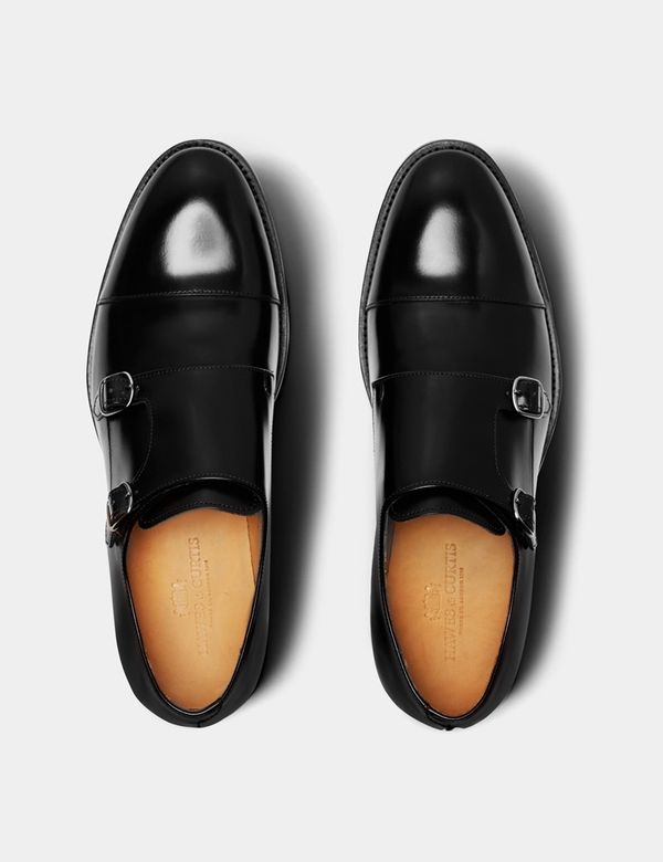 Men's Black Leather Double Monk Strap Shoe | Hawes & Curtis