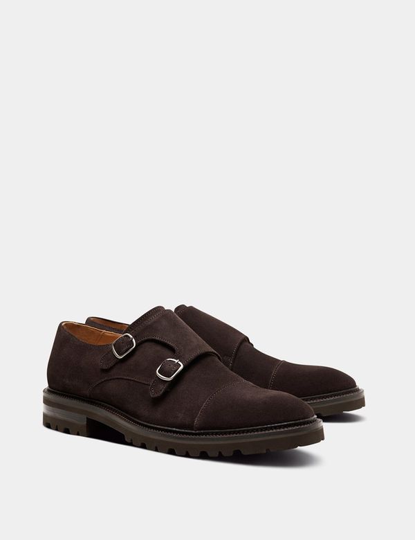 Men's Brown Italian Suede Chunky Monk Strap Shoe | Hawes and Curtis