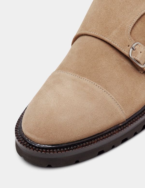 Men's Beige Italian Suede Chunky Monk Strap Shoe| Hawes and Curtis
