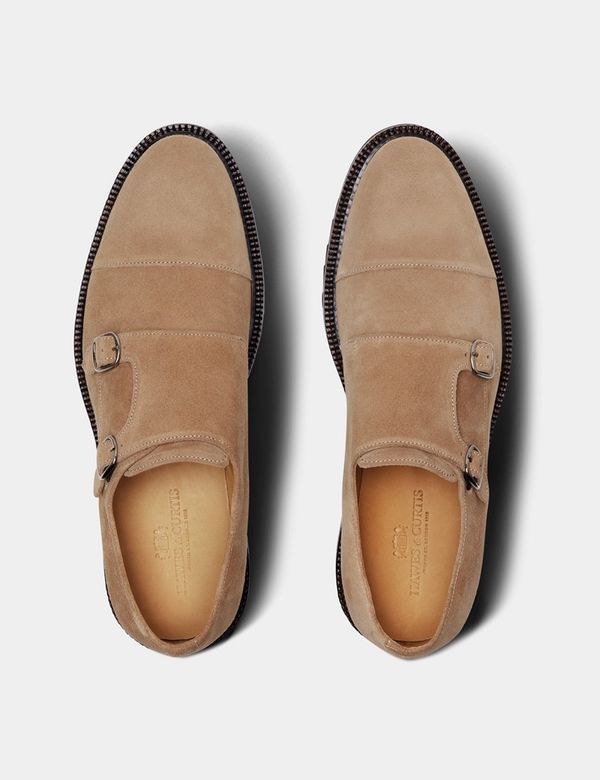Men's Beige Italian Suede Chunky Monk Strap Shoe| Hawes and Curtis