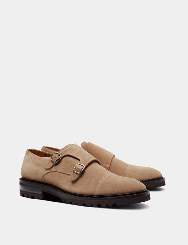 Men's Beige Italian Suede Chunky Monk Strap Shoe| Hawes and Curtis