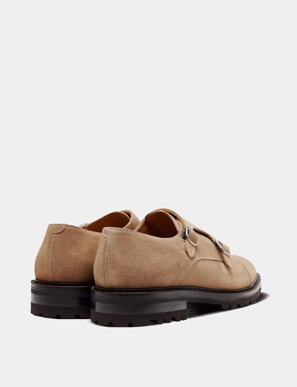 Men's Beige Italian Suede Chunky Monk Strap Shoe| Hawes and Curtis