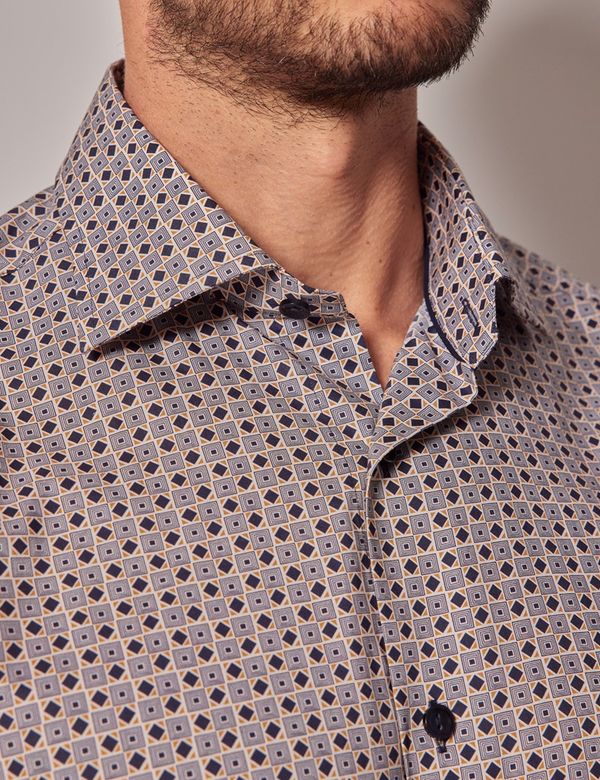 Men's Navy & Cream Geometric Slim Shirt | Hawes & Curtis