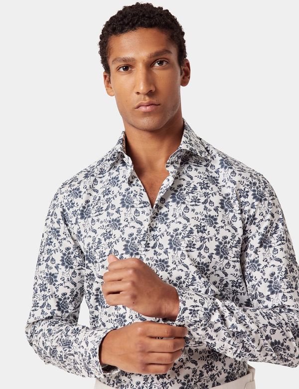 Men's White & Navy Floral Diamond Weave Slim Curtis Shirt | Hawes & Curtis