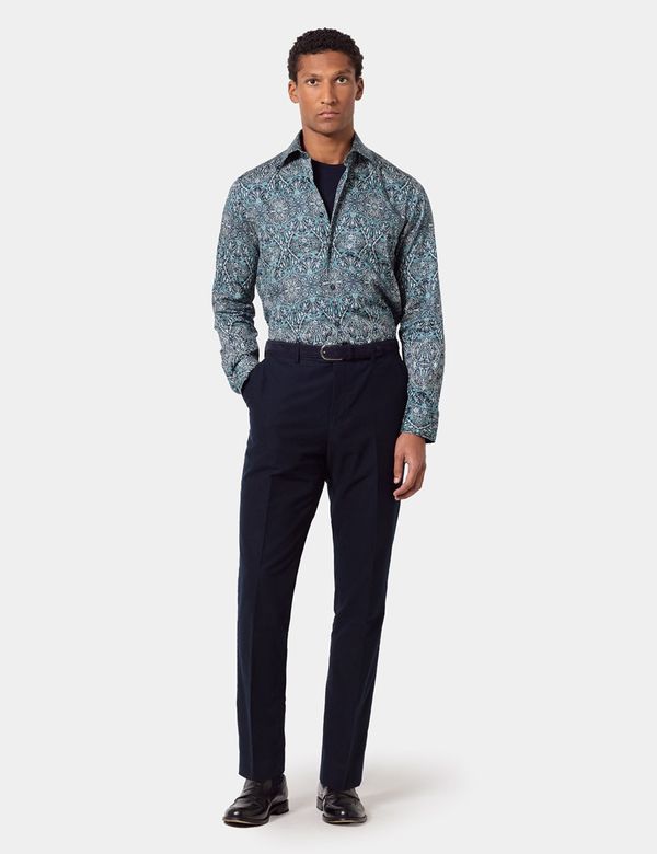Men's Slim Fit Navy & Green Paisley Cotton Sateen Curtis Shirt | Hawes ...
