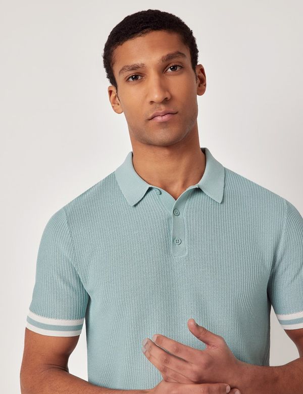 Men's Light Teal Tipped Textured Rib Knitted Cotton Polo Shirt – Short ...