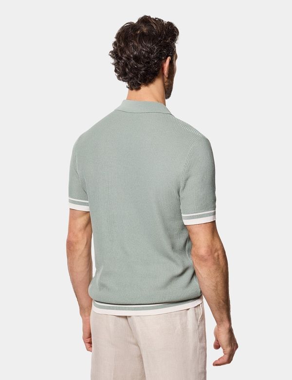 Men's Sage Green Premium Tipped Textured Knit Polo Shirt | Hawes and Curtis