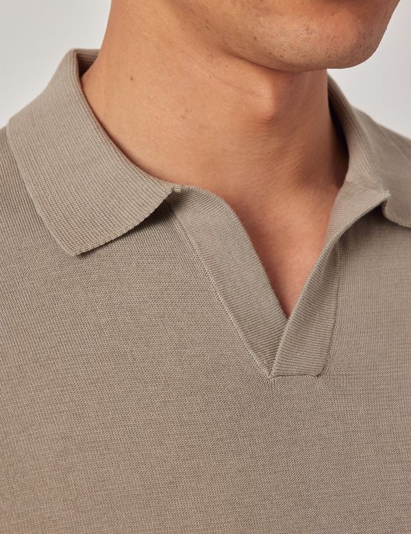 Men's Taupe Open Collar Knitted Cotton Polo Shirt – Short Sleeve | Hawes and Curtis