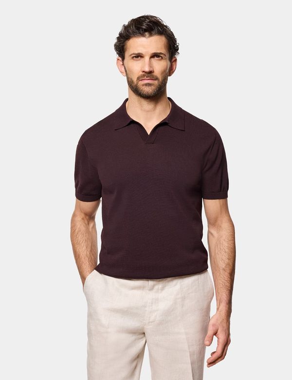 Men's Slim Fit Chestnut Brown Open Collar Knitted Polo Shirt | Hawes ...