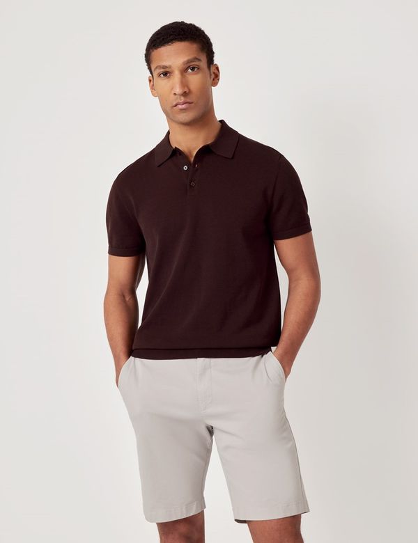 Men's Chocolate Knitted Button Neck Polo Shirt - Short Sleeve | Hawes ...