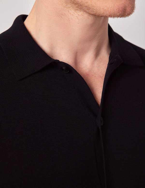 Men's Black Button Through Knitted Cotton Polo Shirt – Long Sleeve ...