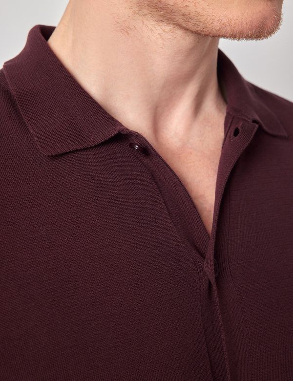Men's Burgundy Button Through Knitted Cotton Polo Shirt – Long Sleeve ...