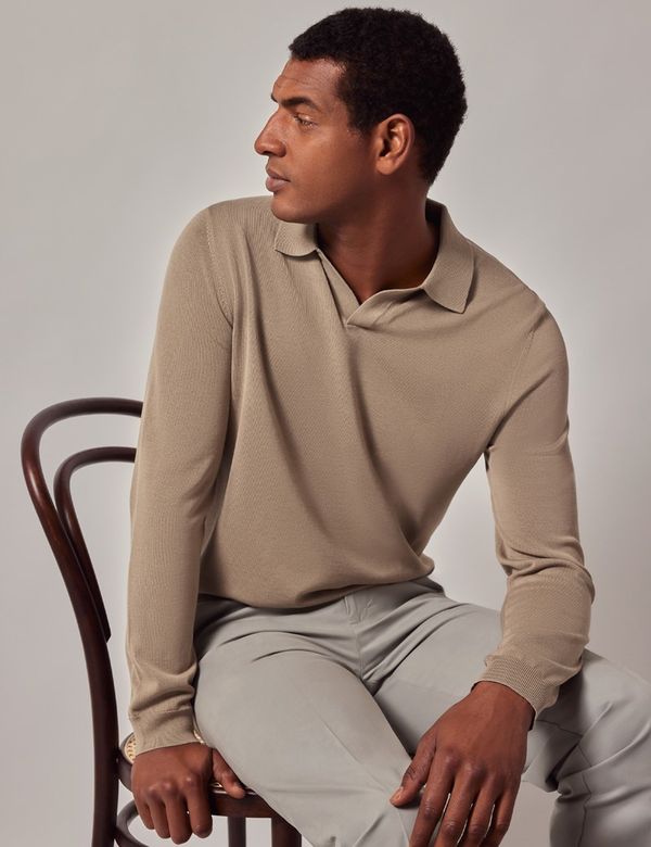 Men's Taupe Open Collar Knitted Cotton Polo Shirt – Long Sleeve | Hawes and Curtis
