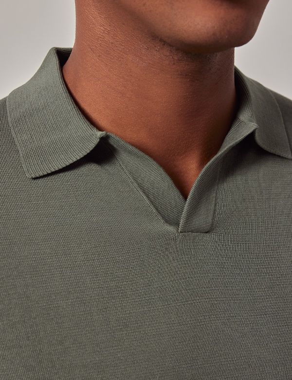 Men's Dark Sage Open Collar Knitted Cotton Polo Shirt – Long Sleeve ...