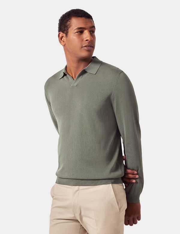 Men's Dark Sage Open Collar Knitted Cotton Polo Shirt – Long Sleeve | Hawes and Curtis