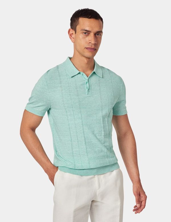 Men's Light Green Melange Stripe Knitted Cotton Polo Shirt - Short ...