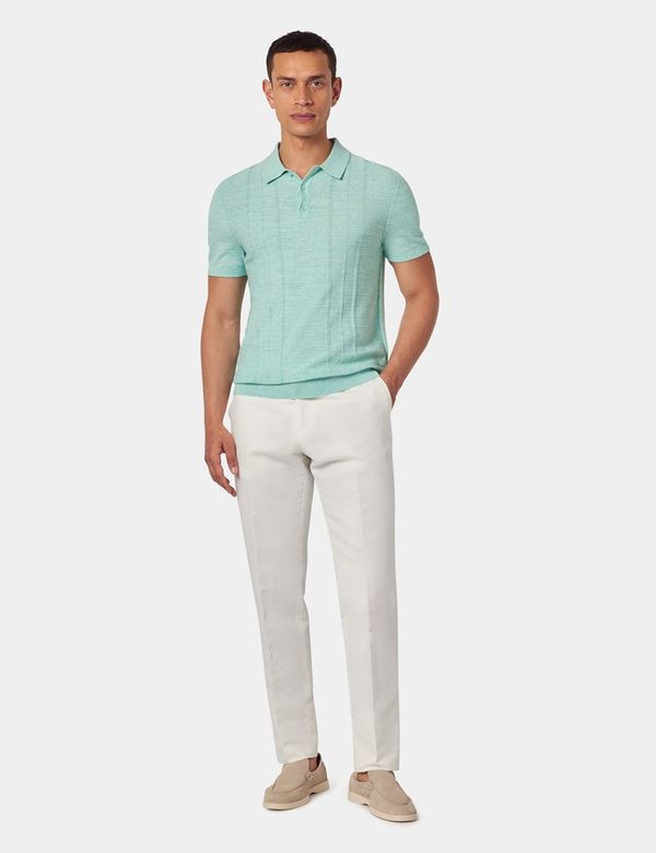 Men's Light Green Melange Stripe Knitted Cotton Polo Shirt - Short ...