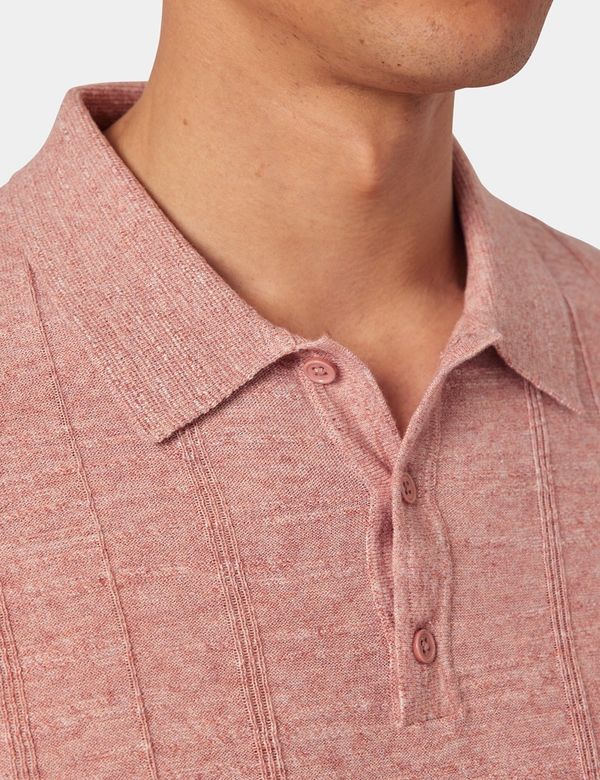 Men's Washed Red Melange Stripe Knitted Cotton Polo Shirt - Short ...