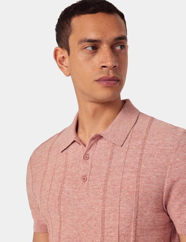Men's Washed Red Melange Stripe Knitted Cotton Polo Shirt - Short ...