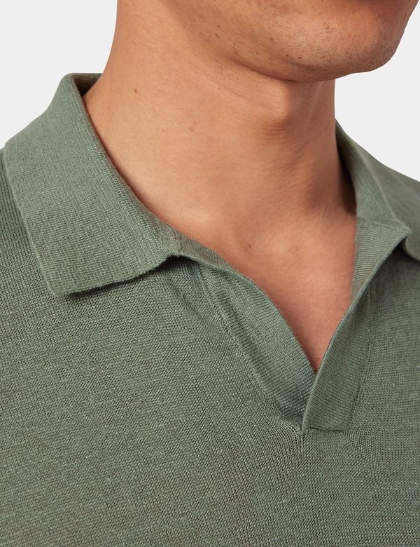 Men's Dark Sage Open Collar Linen Polo Shirt – Short Sleeve | Hawes and ...