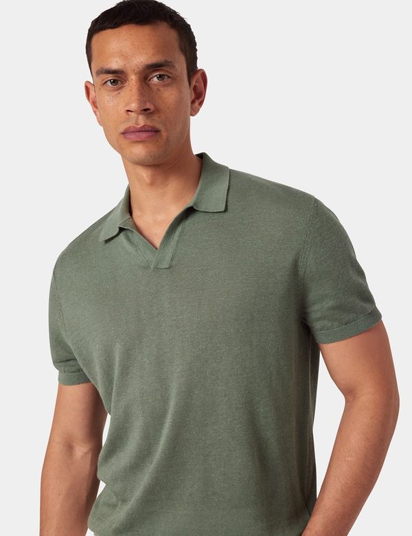 Men's Dark Sage Open Collar Linen Polo Shirt – Short Sleeve | Hawes and ...
