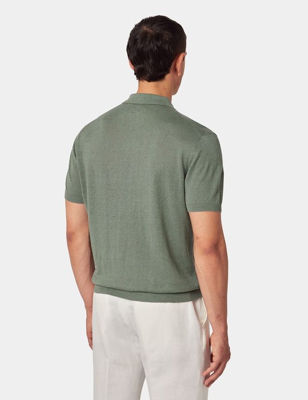 Men's Dark Sage Open Collar Linen Polo Shirt – Short Sleeve | Hawes and ...