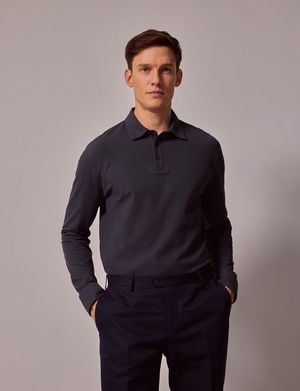 Men's Charcoal Mercerised Cotton Long Sleeve Polo Shirt | Hawes and Curtis